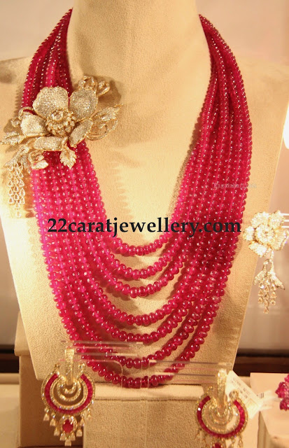Multi Strands Ruby Beads Sets with Earrings - Jewellery Designs