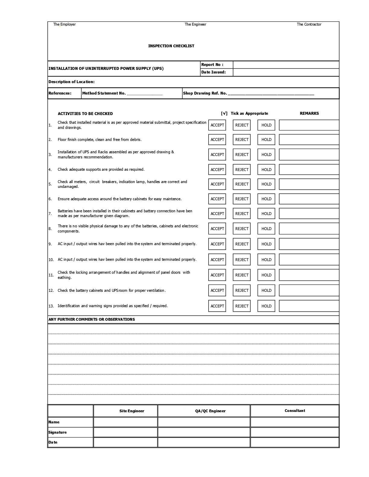 ELECTRICAL QC WORKS @ RELATED : Checklist UPS