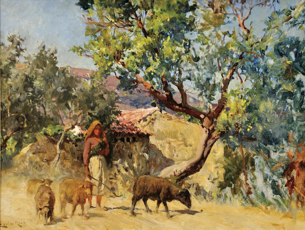 Pintura Naturalista Portuguesa: Paisagem com pastora e rebanho