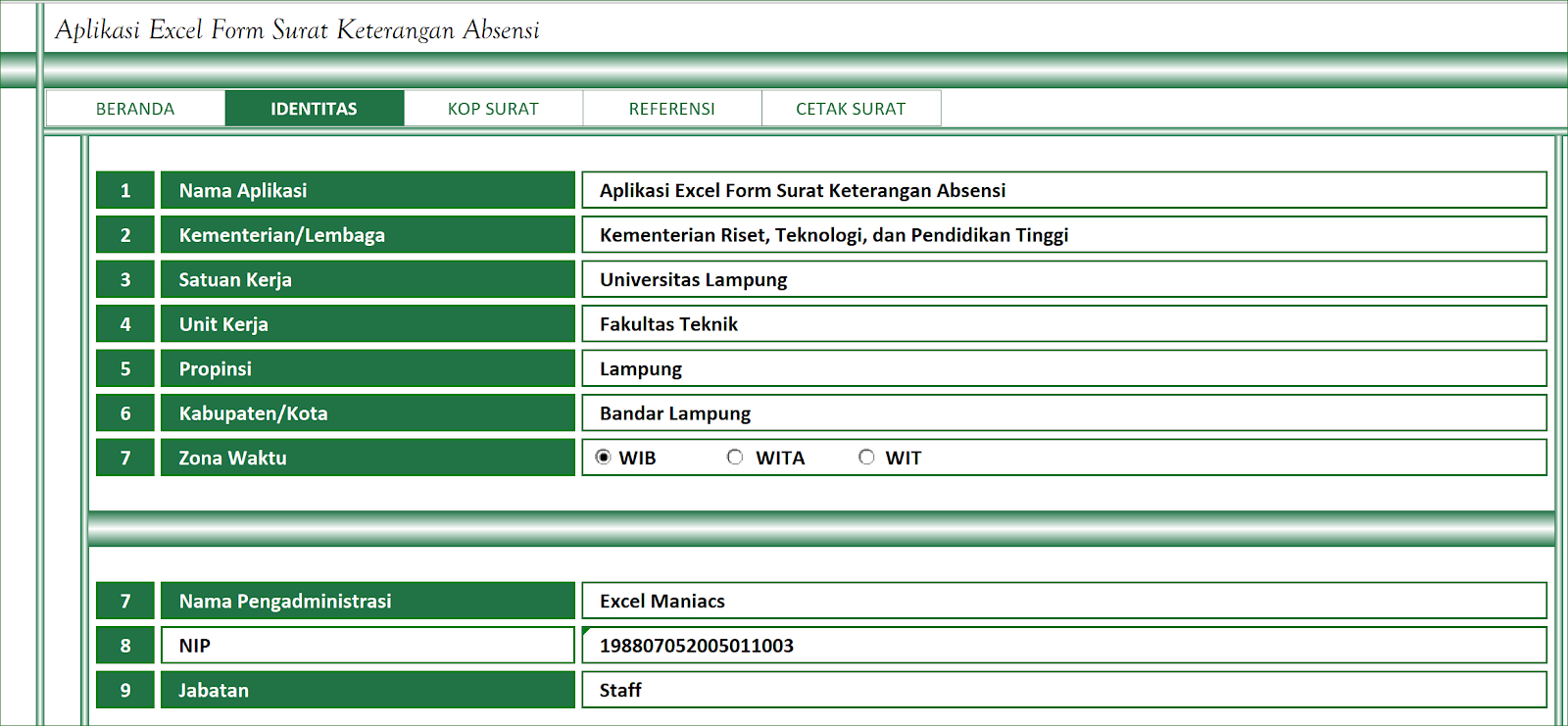 Aplikasi Excel Surat Keterangan Lupa Absen - ExcelManiacs