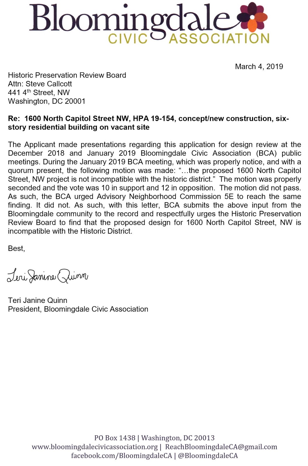 bloomingdale: Bloomingdale Civic Association letter to the HPRB ...