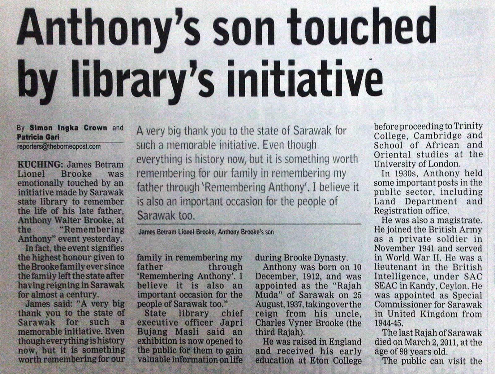 The Story of Sarawak: Remembering Anthony Brooke