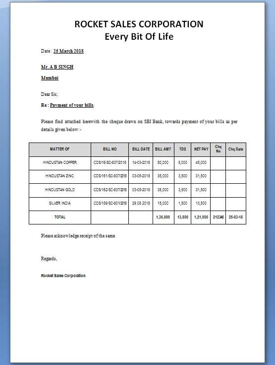 Cheque Payment Covering Letter Format in Word