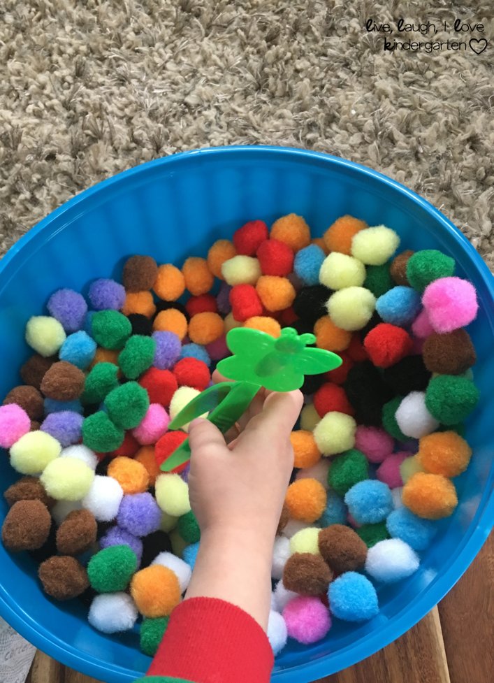 A fun activity that we have been doing is sorting our pom poms by color!