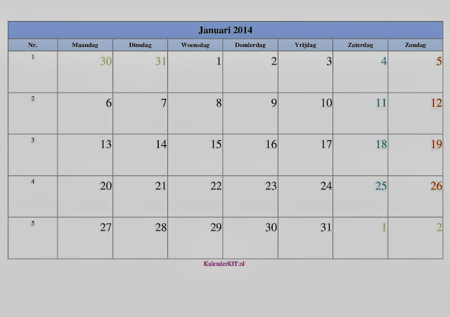 Kalender januari 2014, MaandKalender 2014