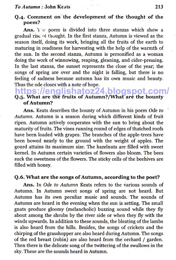 Short Questions with Answers (To Autumn – John Keats) - English Grammar ...