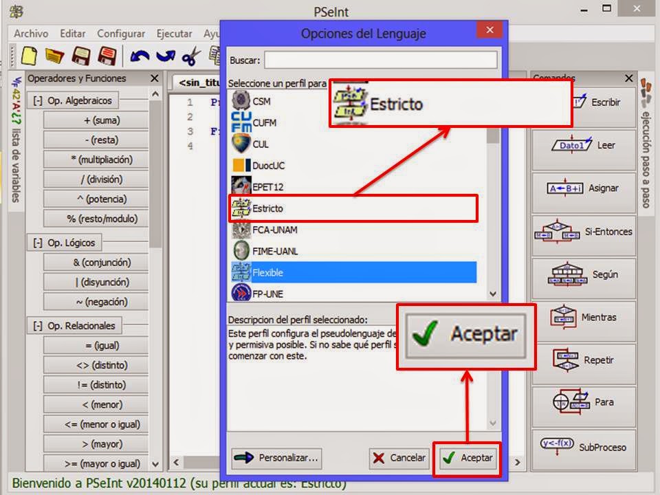 Fundamento de Programación: Cambiar Opción de Lenguaje en PseInt.
