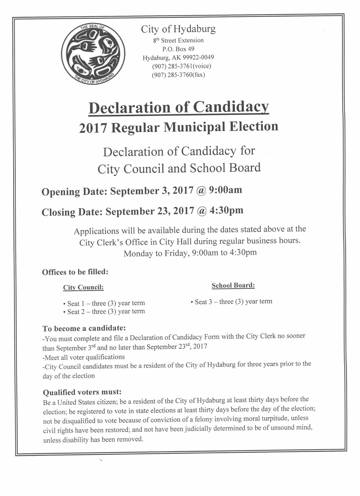 Declaration of Candidacy for Hydaburg City Council and School Board ...