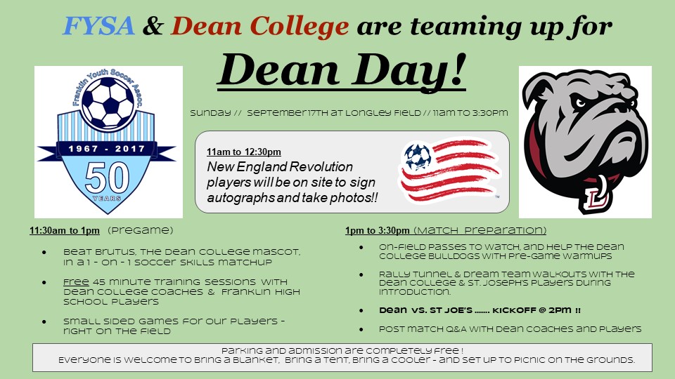 Franklin Matters: FYSA & Dean College are teaming up for Dean Day - Sep 17