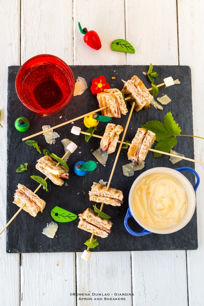 Grilled Mini Ham and Cheese Sandwich Sticks with Cheesy Dipping Sauce