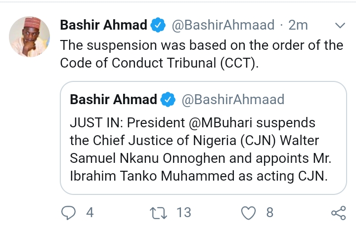 "JUST IN: President @MBuhari suspends the Chief Justice of Nigeria (CJN ...