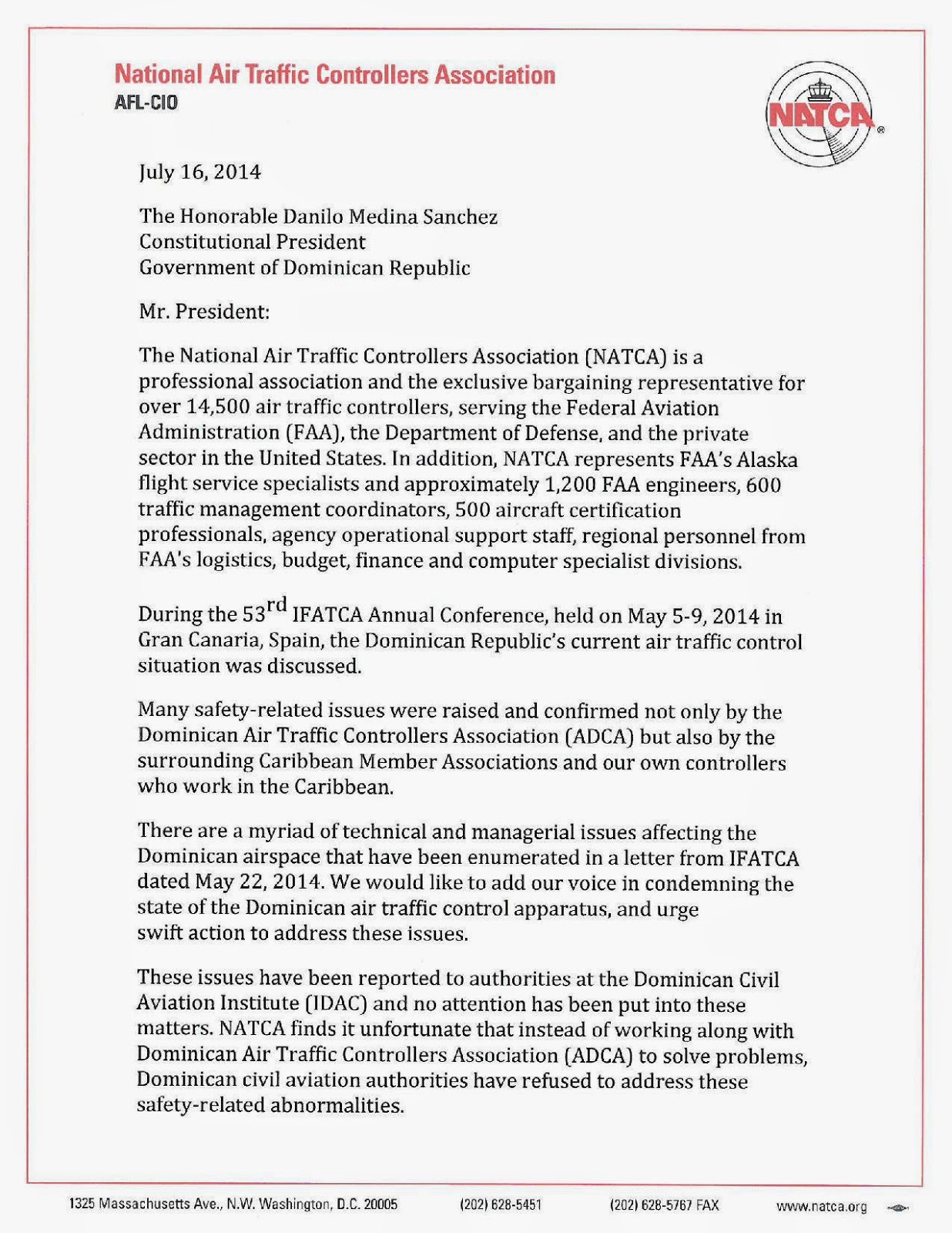 Carta de la NATCA al presidente Danilo Medina