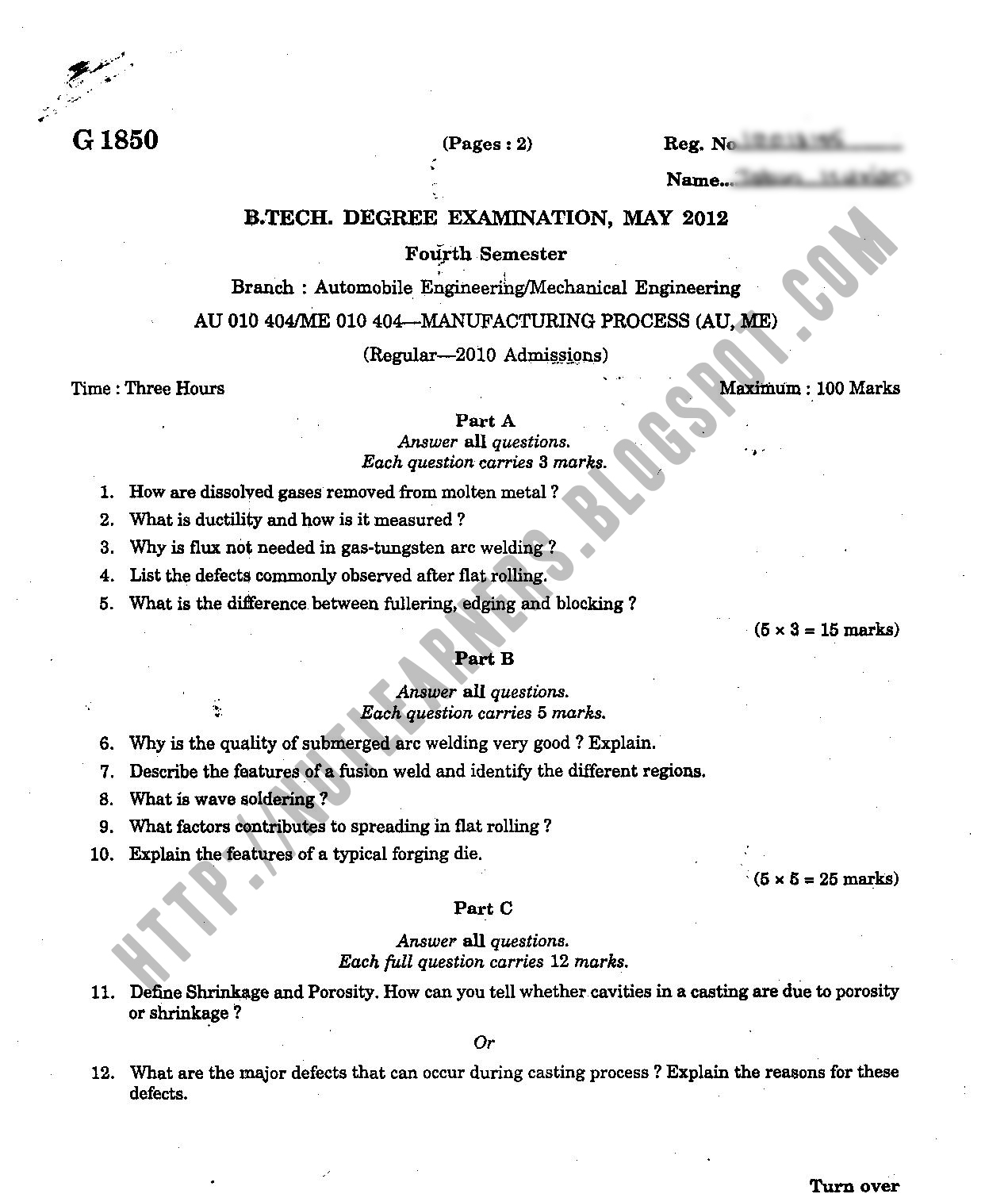 Manufacturing Process Mg University Question Paper Nut Learners