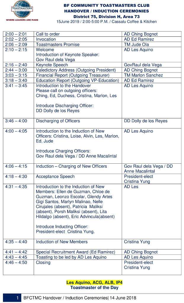 Toastmasters Speeches: Induction of Officers and New Members 2019-2020