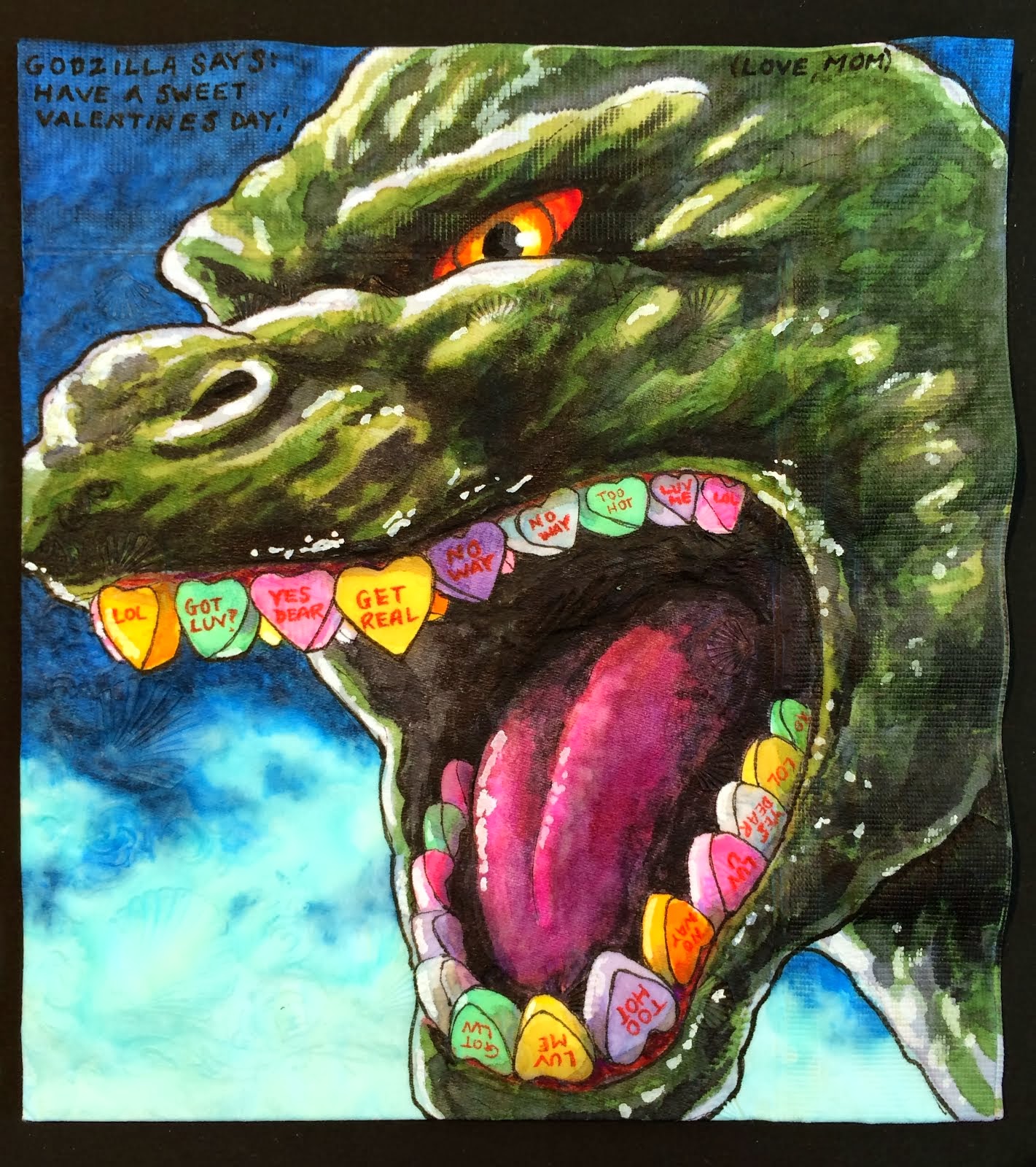 Daily Napkins: Godzilla with Sweetheart Teeth for Valentines Day