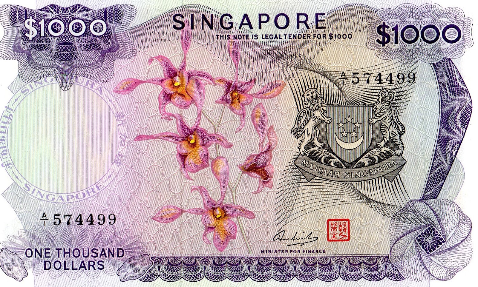 168 Bank Notes: Singapore Orchid $1000