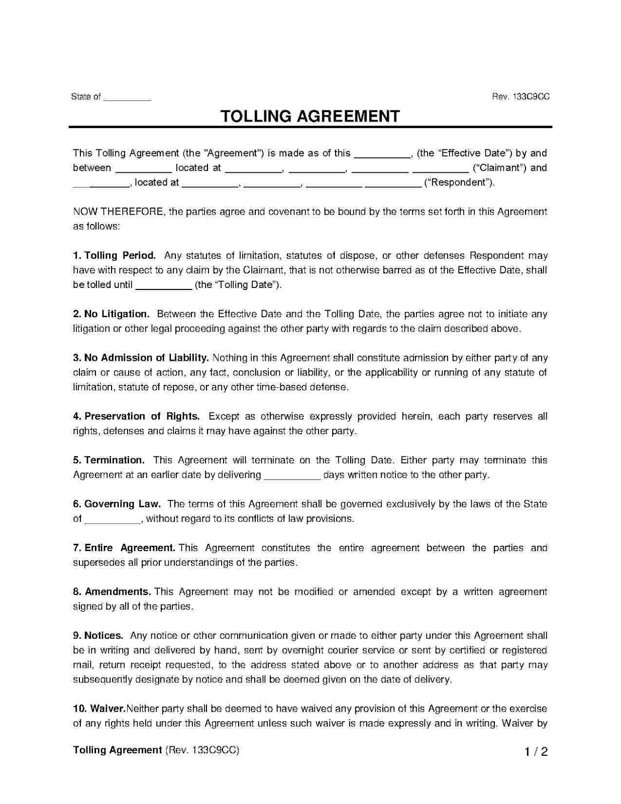 TOLLING AGREEMENT at templateshunter