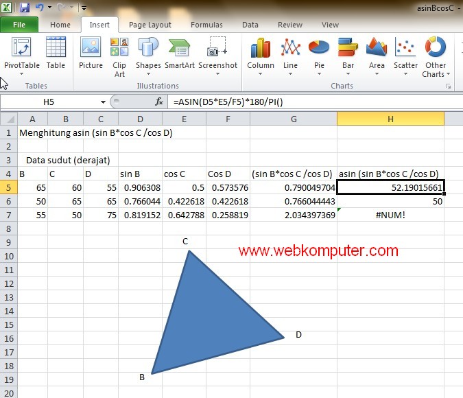 Tutorial Microsoft Office: Menghitung asin(sin B * cos C /Cos D) di excel