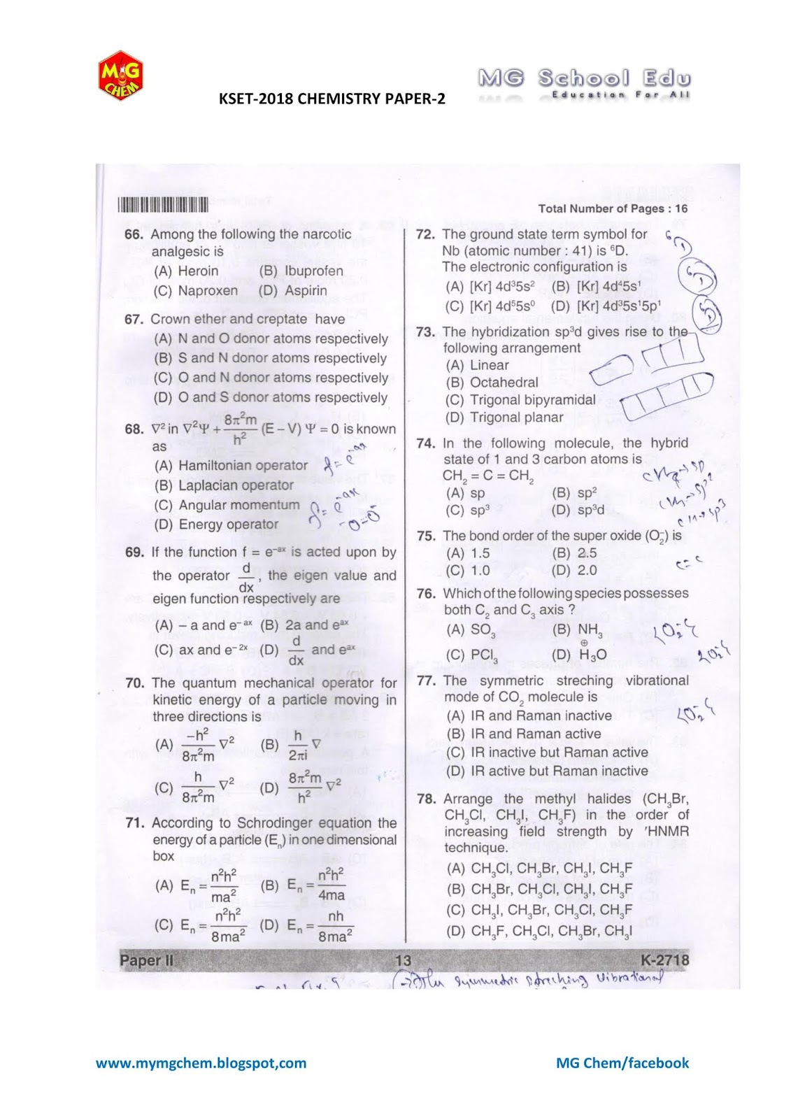 MG SCHOOL SCIENCE: KSET-2018 CHEMICAL SCIENCE QUESTION PAPER