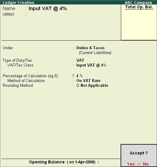 TALLY: CREATING "VAT" LEDGERS