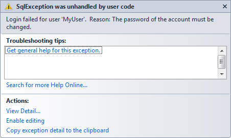 SQL and Beyond: Login failed. User must change password at next login