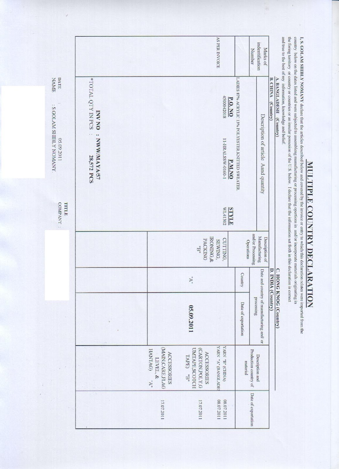 MULTIPLE COUNTRY DECLARATION