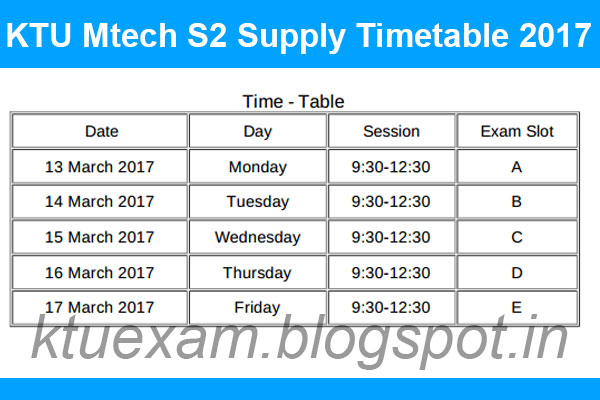 KTU Mtech S2 Supply Timetable 2017 - KTU Exam Results
