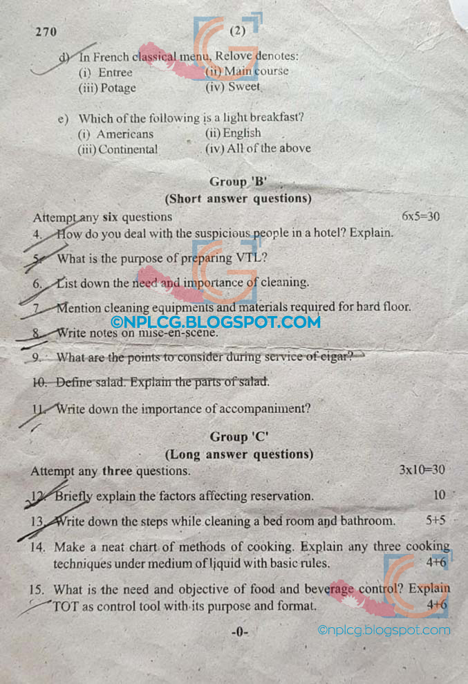 Hotel Management | Code-270 | Grade 12 | Question Paper 2075 [2018 ...