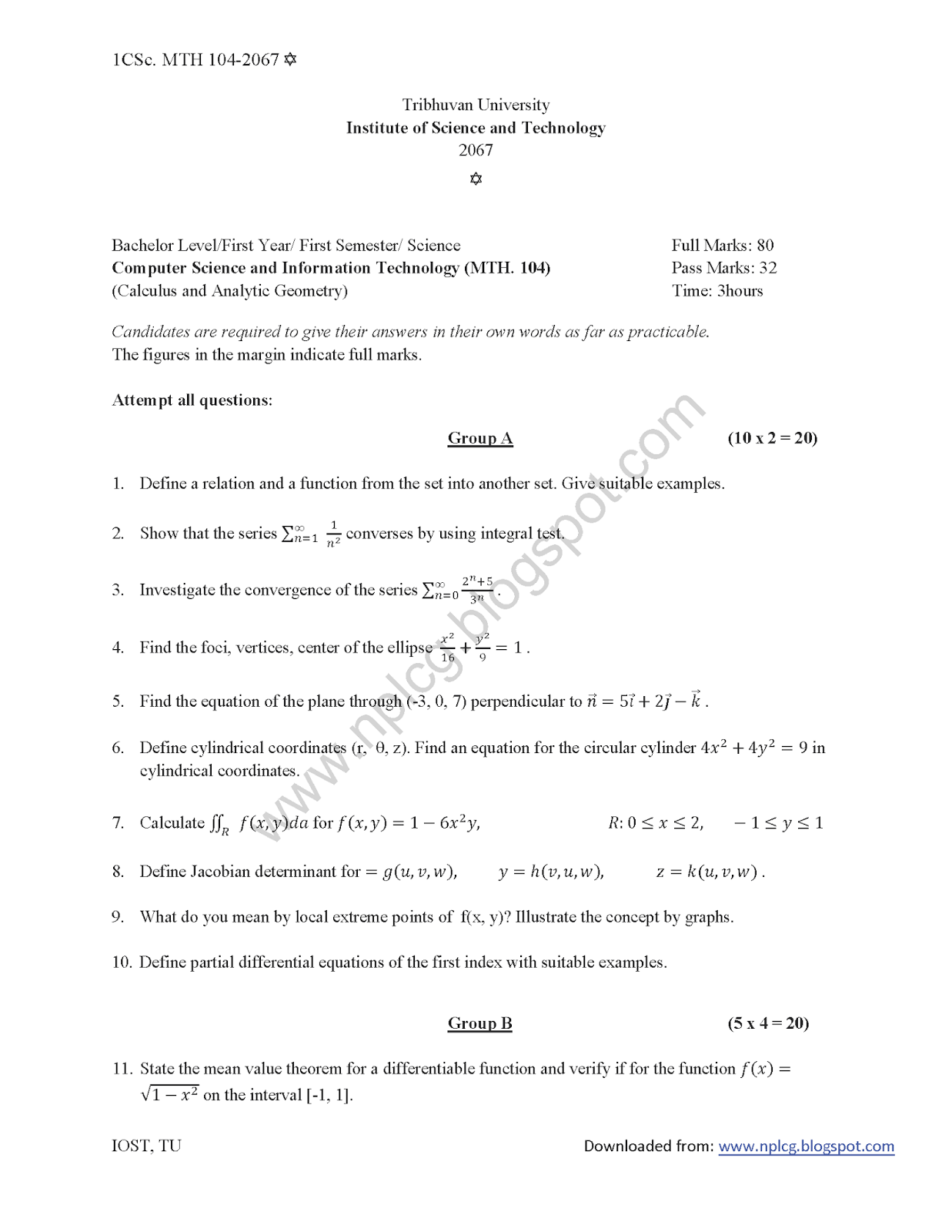 Calculus and Analytical Geometry | Question Paper 2067 | CSIT TU ...