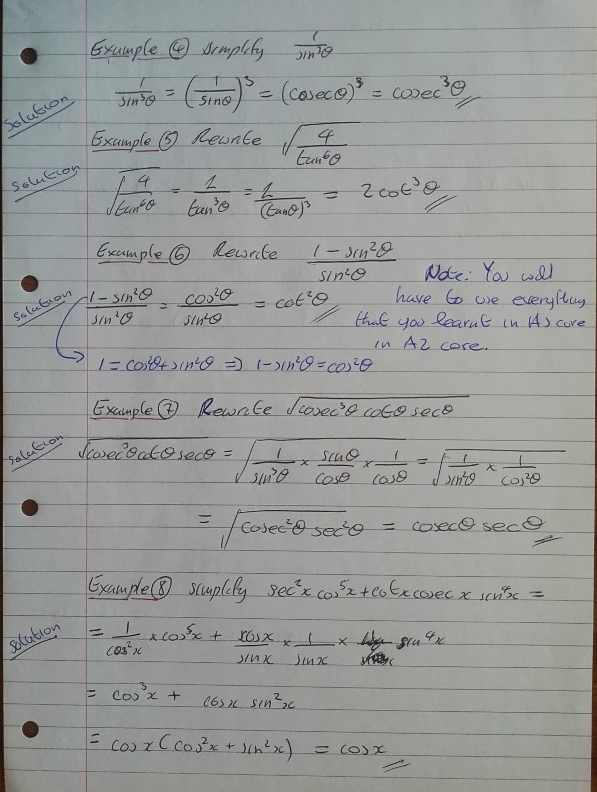 A Level Maths Notes: A2 - Proving identities using reciprocal ...