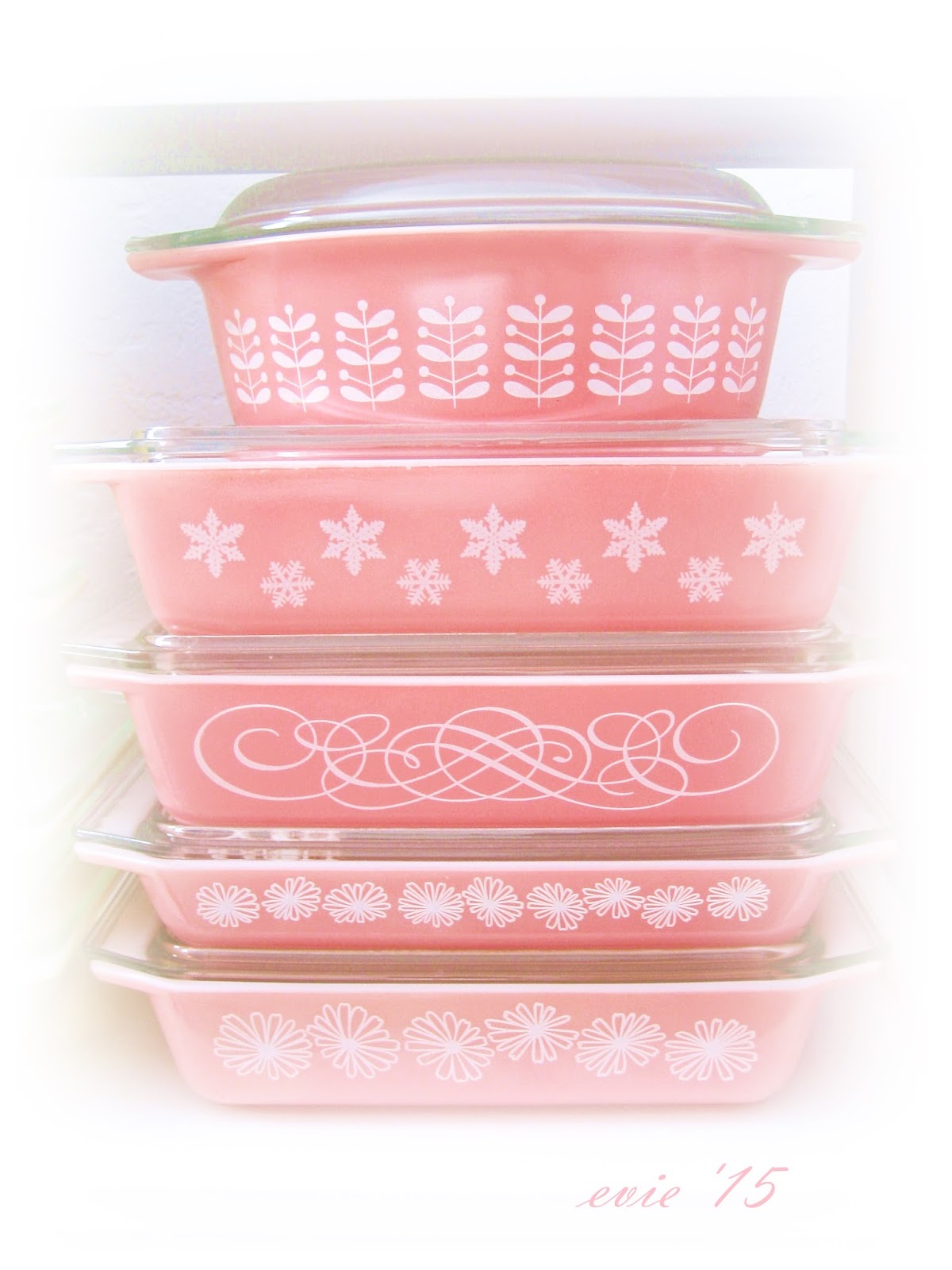Vintage Finds, Mid Century and More at Evie's Haus: Pink Pyrex Stack