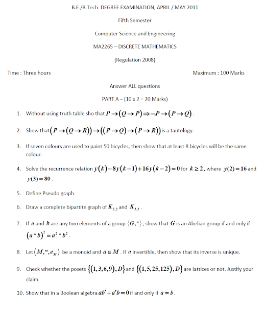 MA2265 Discrete Mathematics April May 2011 Question Paper - University ...