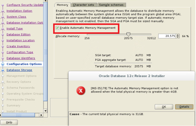 [FATAL] [DBT-11211] The Automatic Memory Management option is not allowed when the total ...