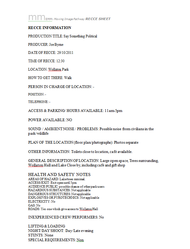 Joe's Blog: Recce and Risk Assessment Forms