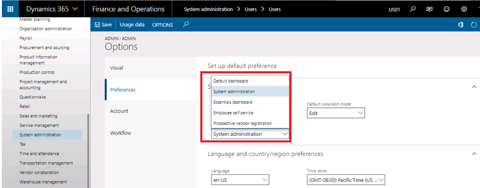 How to setup startup company and initial page in Dynamics 365?