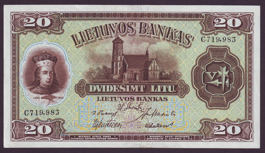 Lithuania Currency Litas 20 Litu banknote 1930 Vytautas the Great ...