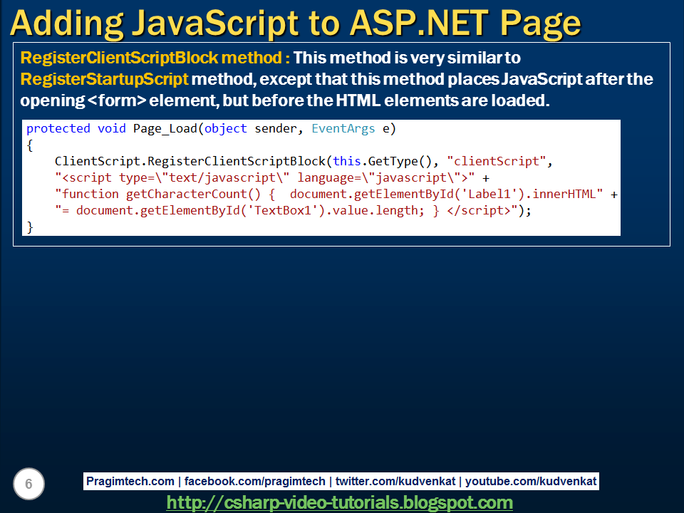 Sql server, .net and c# video tutorial: RegisterStartupScript and RegisterClientScriptBlock methods