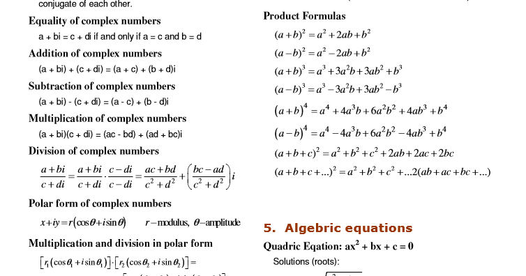 complex number, Algebra Formulas,Union of sets,Intersection of sets ...