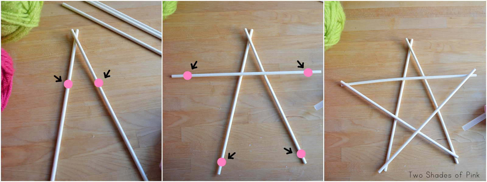 Two Shades of Pink: Stick + Yarn Star Ornaments