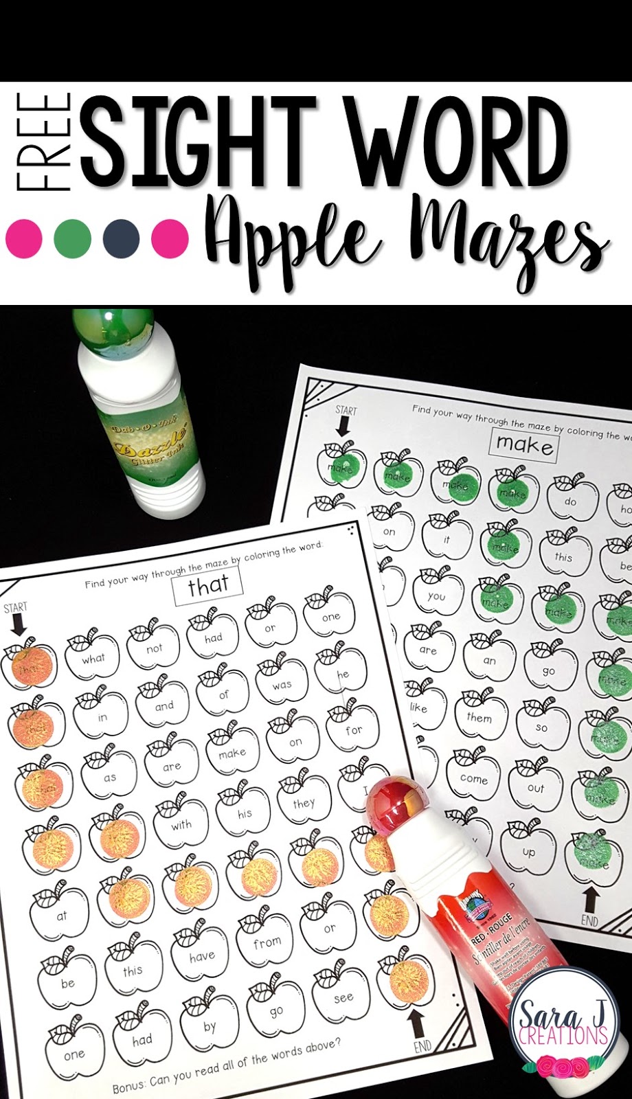 Free Sight Word Apple Mazes | Sara J Creations