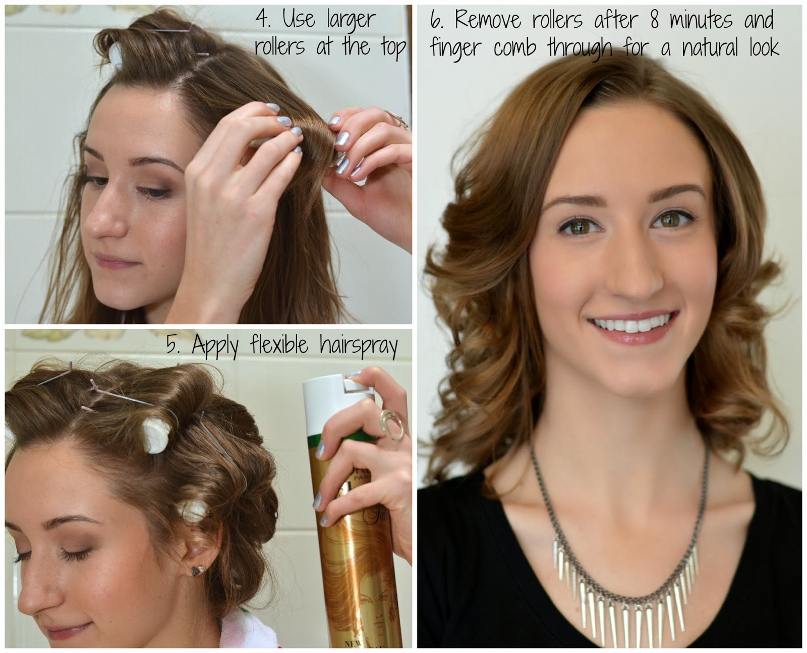 4. Try to roll the hair all the way up to the roots for more volume ...