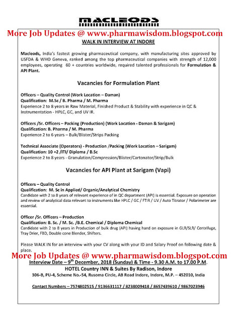 MACLEODS PHARMA - Walk-In Interviews for QC / Production / Packing on ...