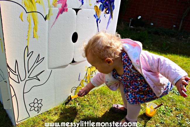 Painted Cardboard Playhouse - fun messy art for kids! - Messy Little ...