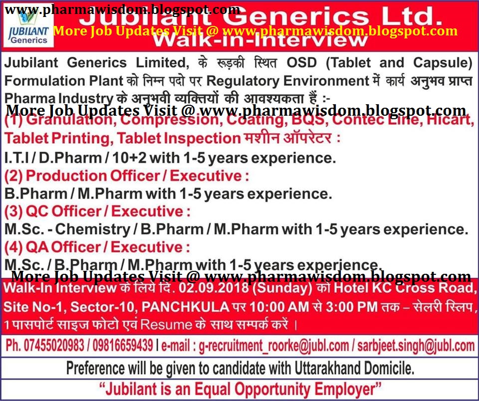 Jubilant Generics Ltd - Walk-In Interviews for Multiple Positions on ...