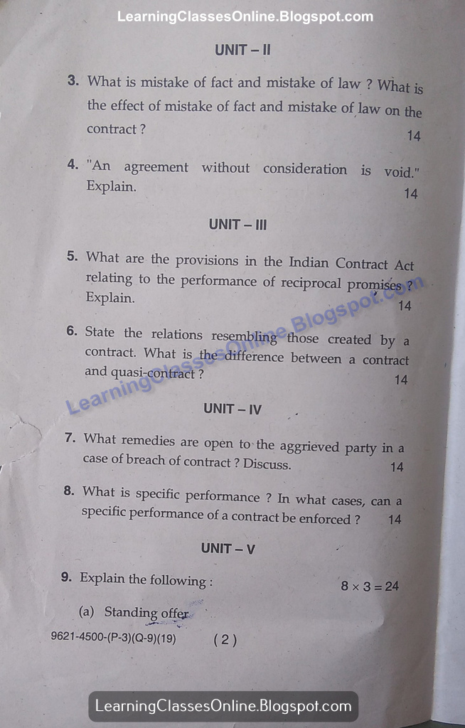 Law of Contract Question Paper