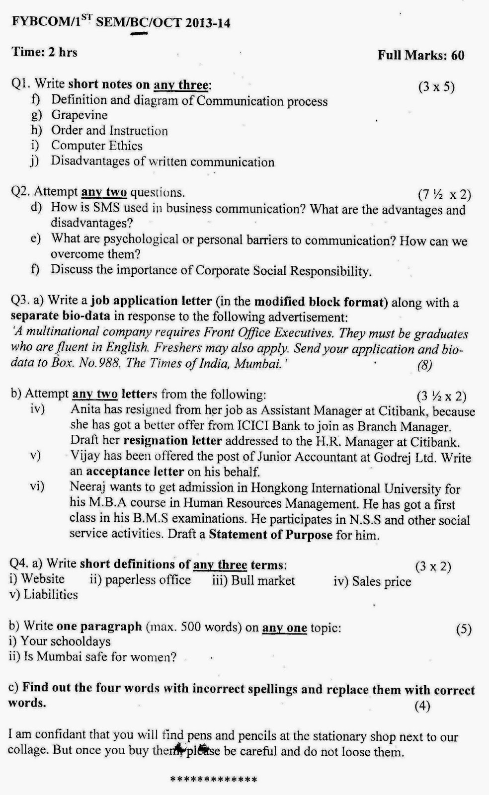 Question Papers Collection: FYBCOM Sem I - Business Communication