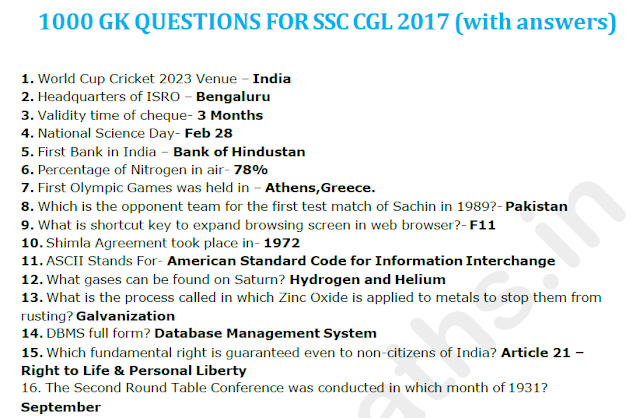 Click Here to Download 1000 General Knowledge (GK) Questions for SSC ...