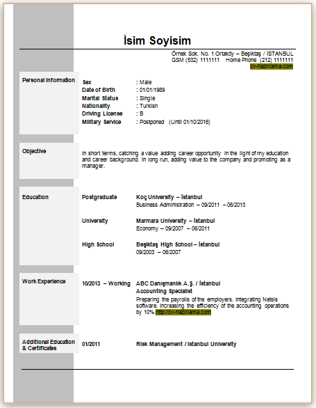 CV Örnekleri İndir 2018 Güncel CV Örnekleri
