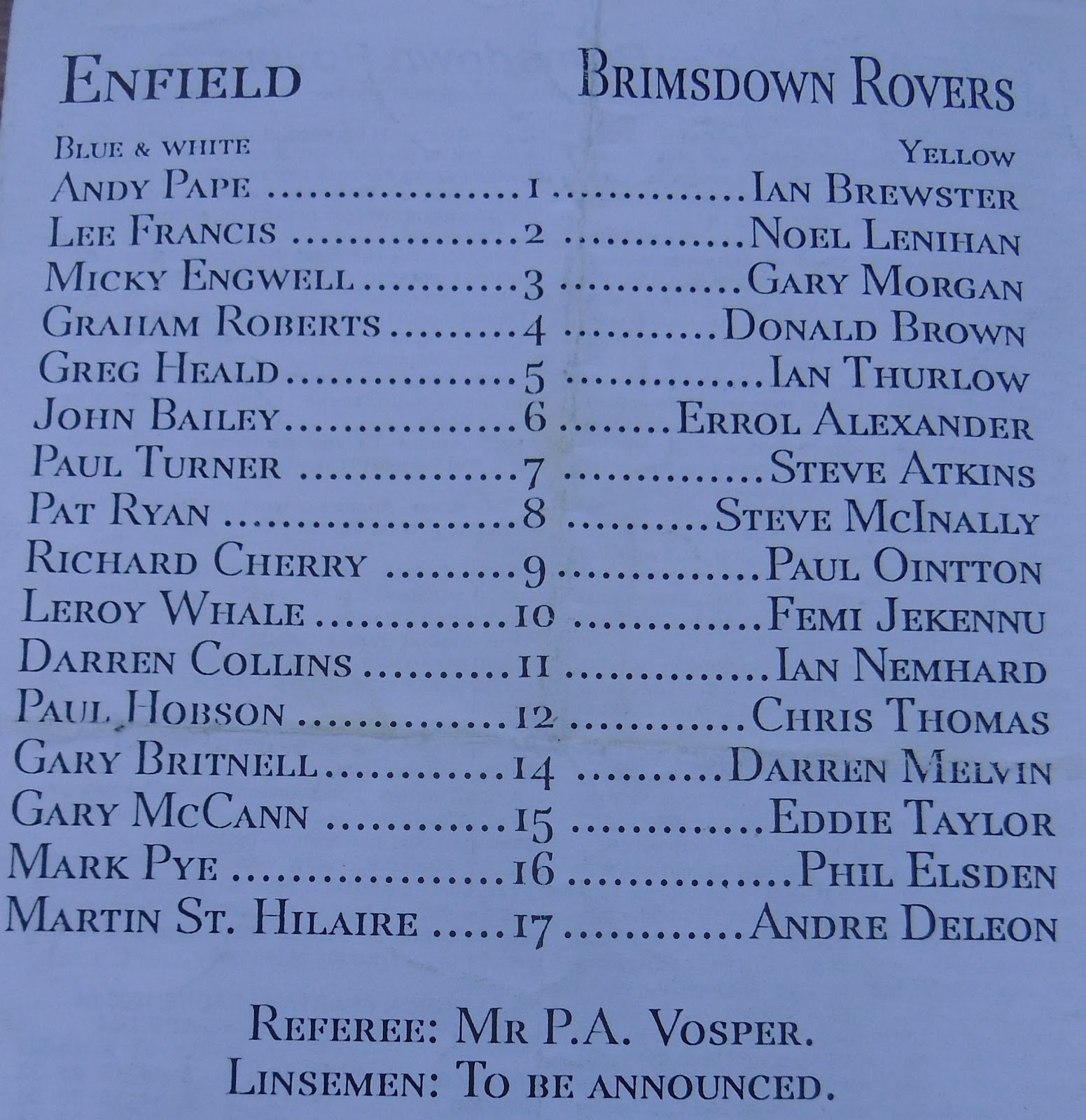 The Cold End: CLASSIC PROGRAMMES - BRIMSDOWN ROVERS V ELECTROLUX - 1990
