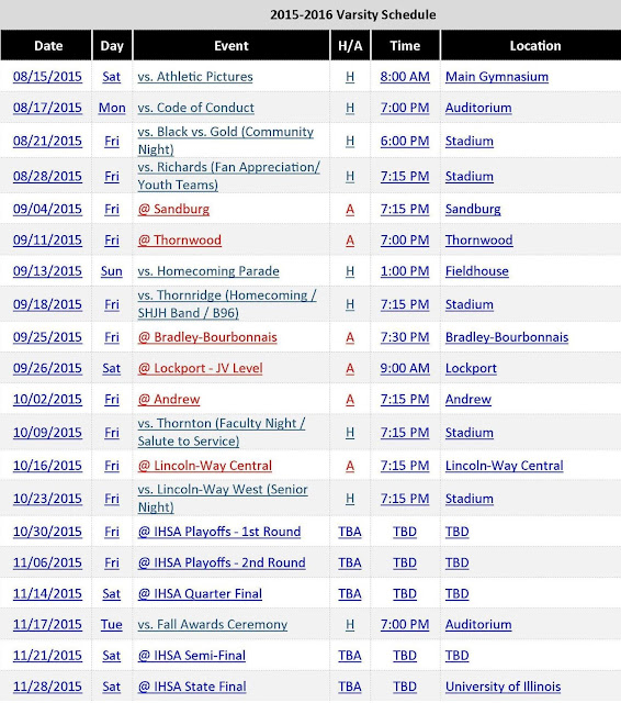 Lincoln-Way HS Dist 210 Varsity Football Schedules